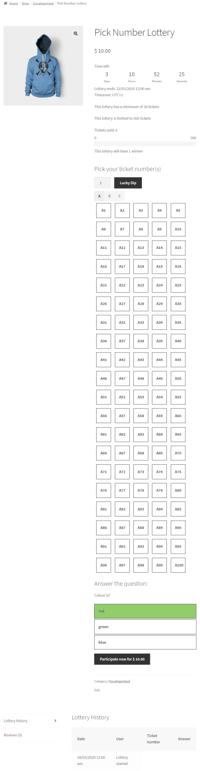WooCommerce Lottery / Raffle / Competition Pick Ticket Number